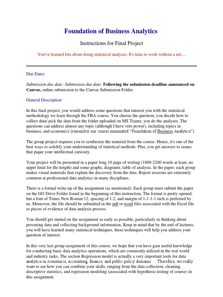 Final Project Instruction-SPRING2023 | PDF | Data Analysis | Statistics