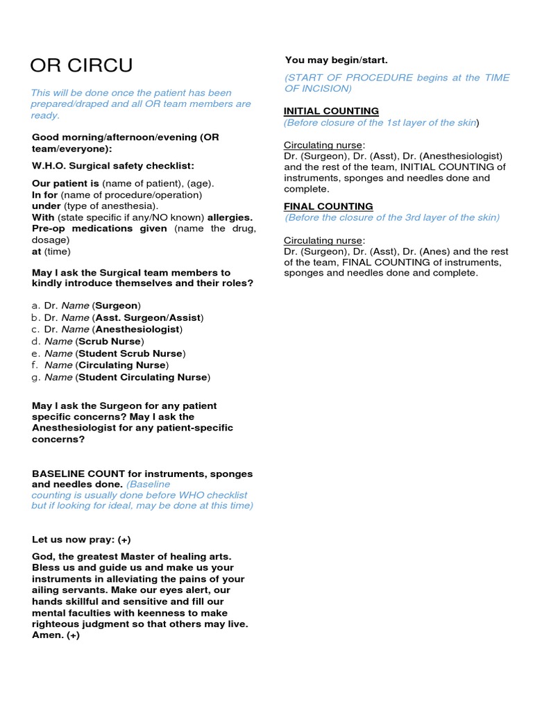 SCRIPT For The CIRCULATING NURSE | PDF