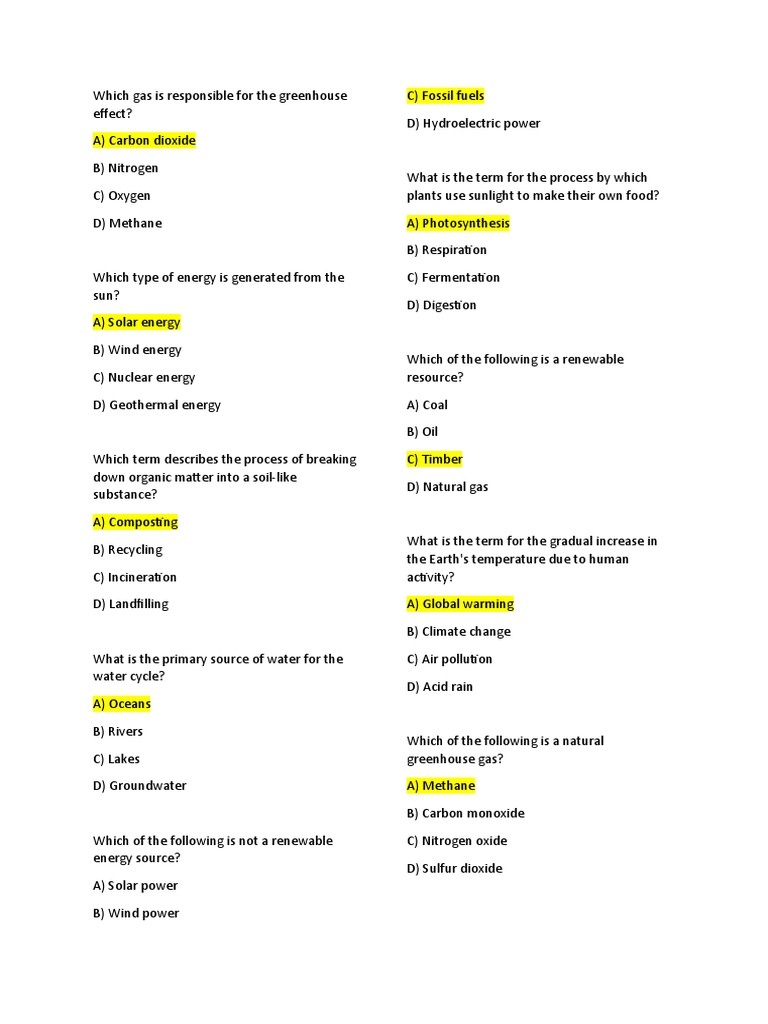 Environmental Science Quiz | PDF | Climate Change | Atmosphere Of Earth
