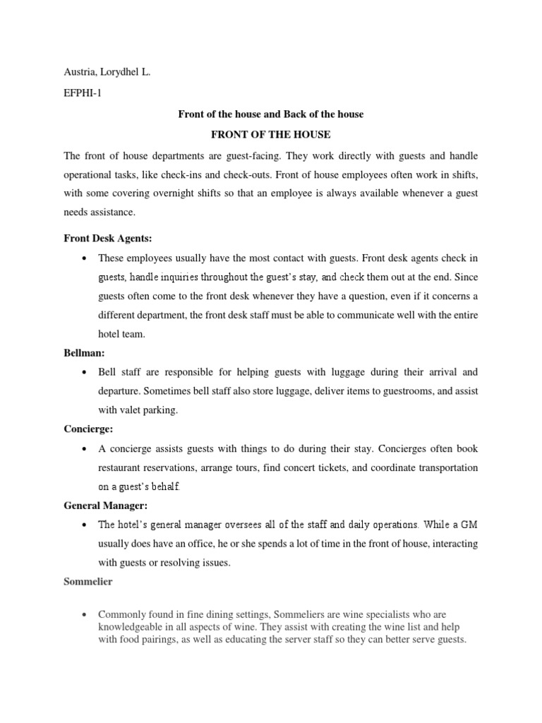 Front and Back of House Hotel Roles | PDF | Waiting Staff | Cuisine
