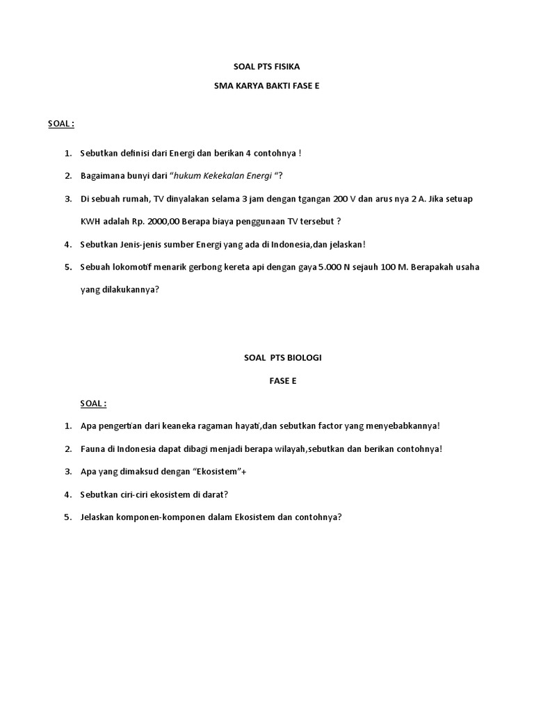 Soal Pts Fis Dan Bio Fase E | PDF