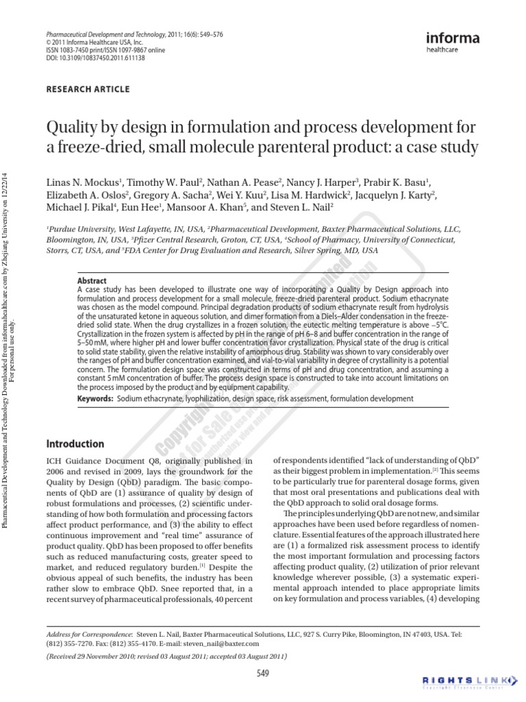 Quality by Design in Formulation and Process Development For A Freezedried, Small Molecule ...