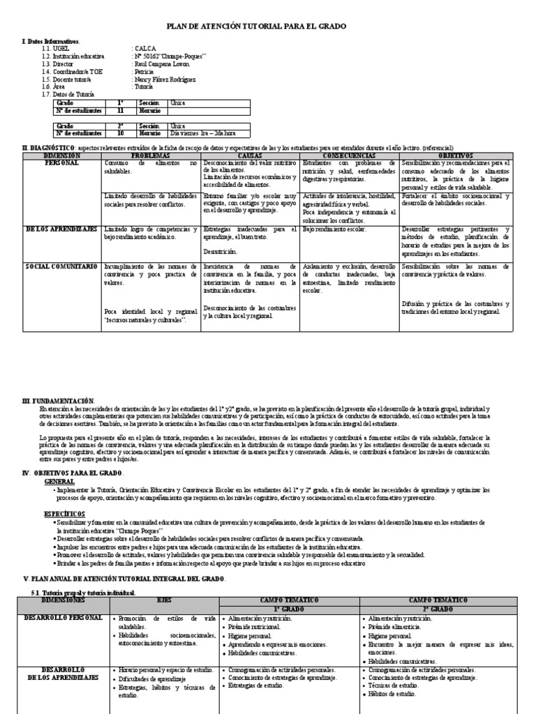 PLAN DE ATENCIÓN TUTORIAL PARA EL AULA 2do - Docx Ultimo | PDF | Aprendizaje | Evaluación