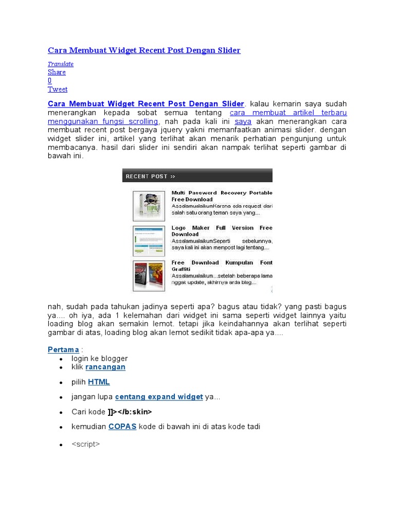 Cara Membuat Widget Recent Post Dengan Slider | PDF