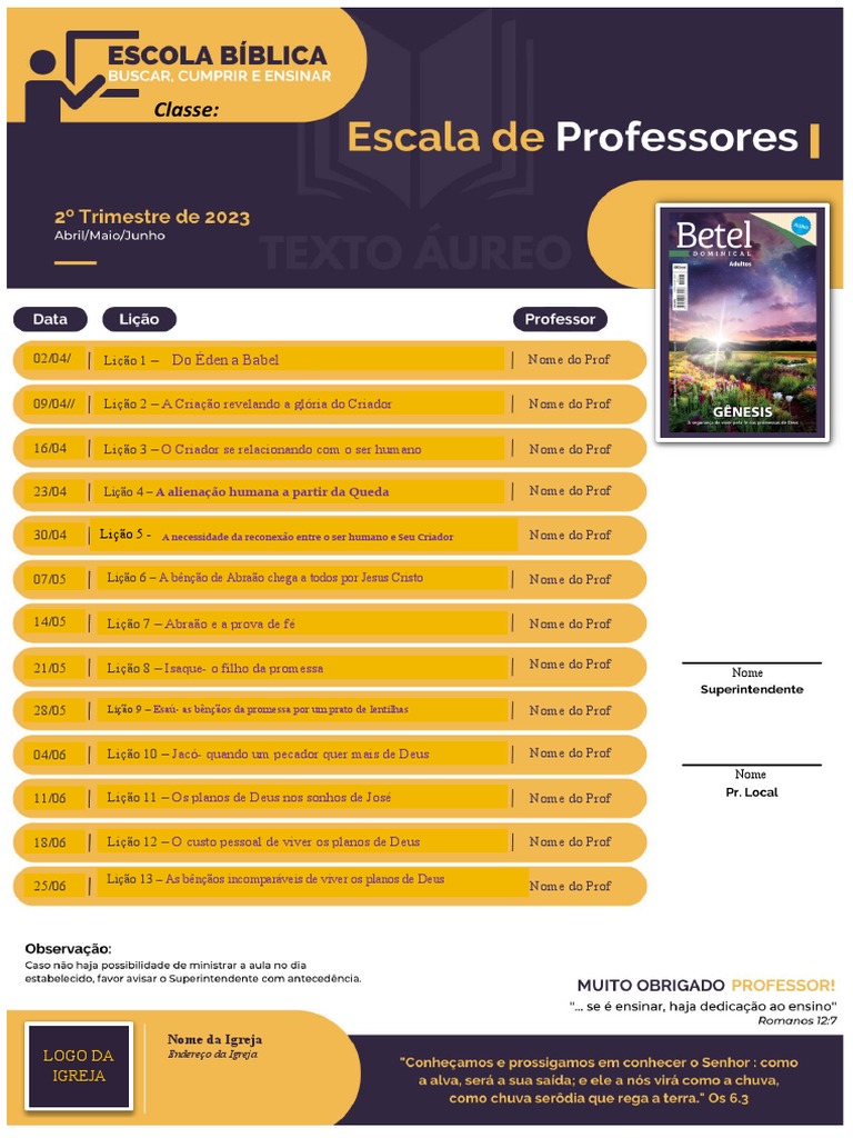 Escala de Professores - 2 Trim 2023 - Editável - Todas As Classes - Datas Editáveis Betel | PDF