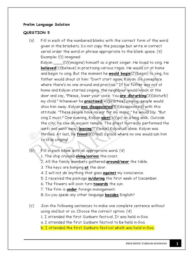 English ICSE - DAIS Prelim Language '23 Solution | PDF