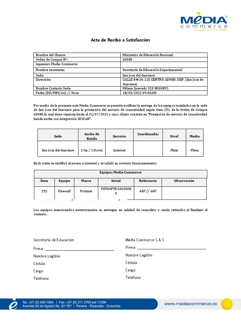 Modelo Acta Entrega Equipos Comodato MEN- SAN JOSE DEL GUAVIARE | PDF | Electrónica | ciberespacio