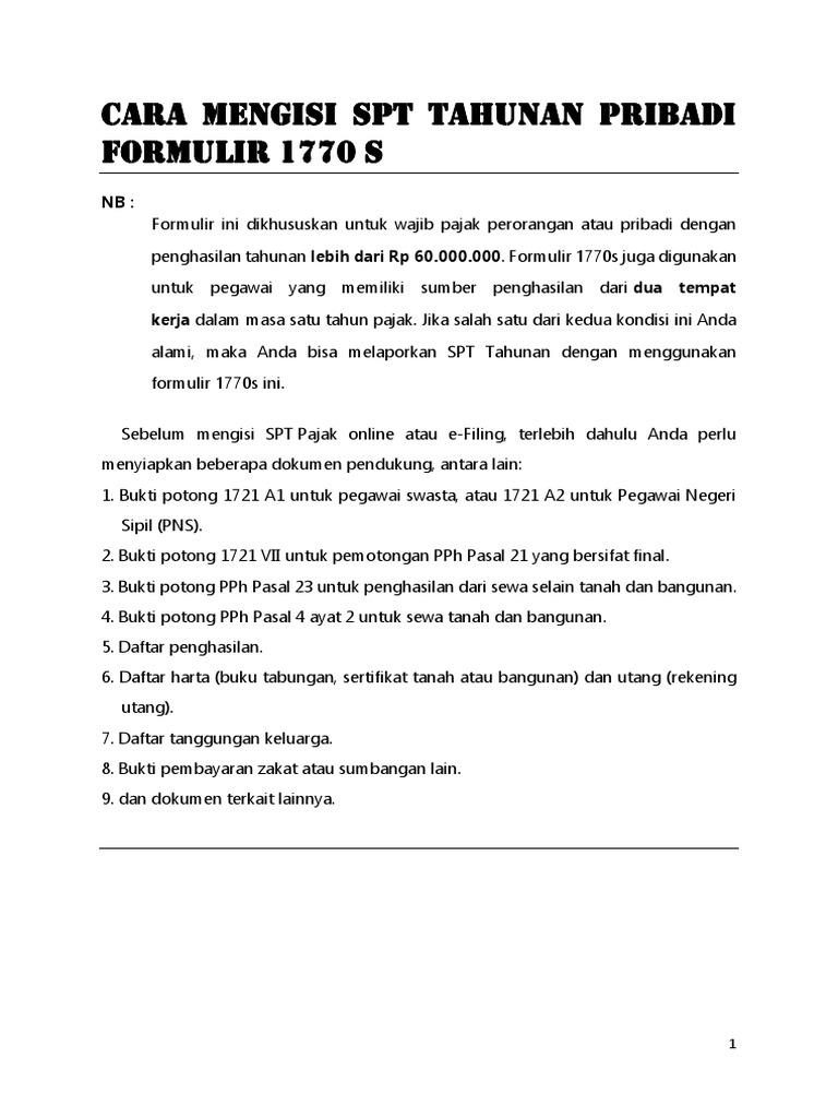 Cara Mengisi SPT Tahunan Pribadi Formulir 1770 S | PDF