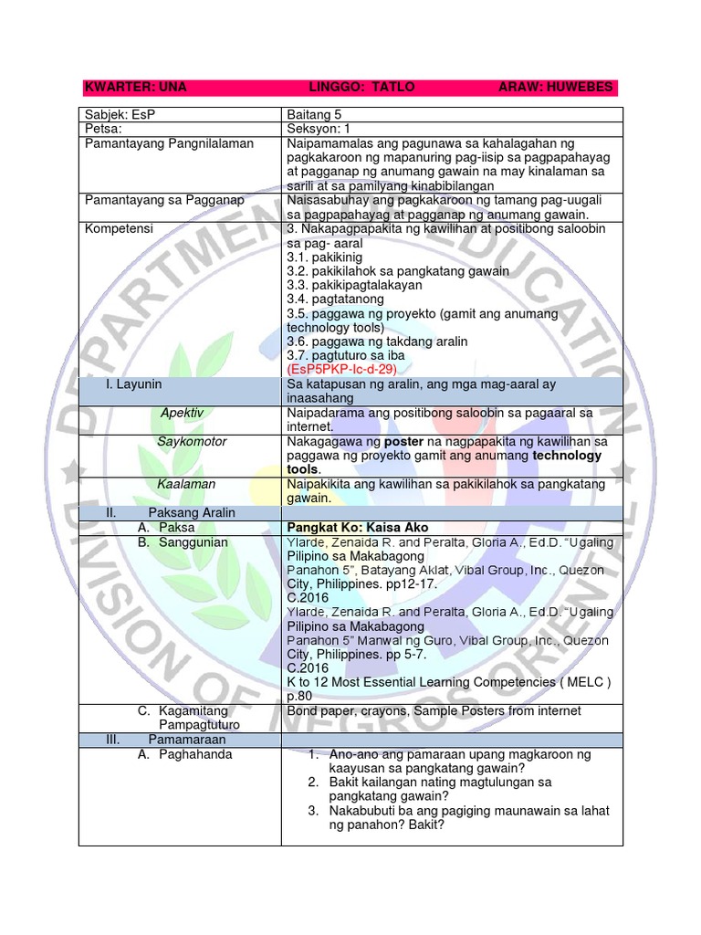 DLP ESP5 Q1 M3 Sesyon4 | PDF