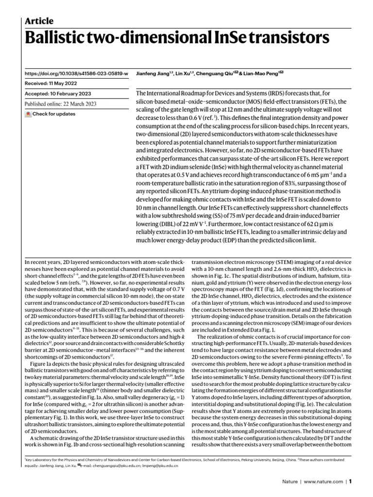 2023 弹道InSe晶体管 Nature | PDF | Field Effect Transistor | Mosfet