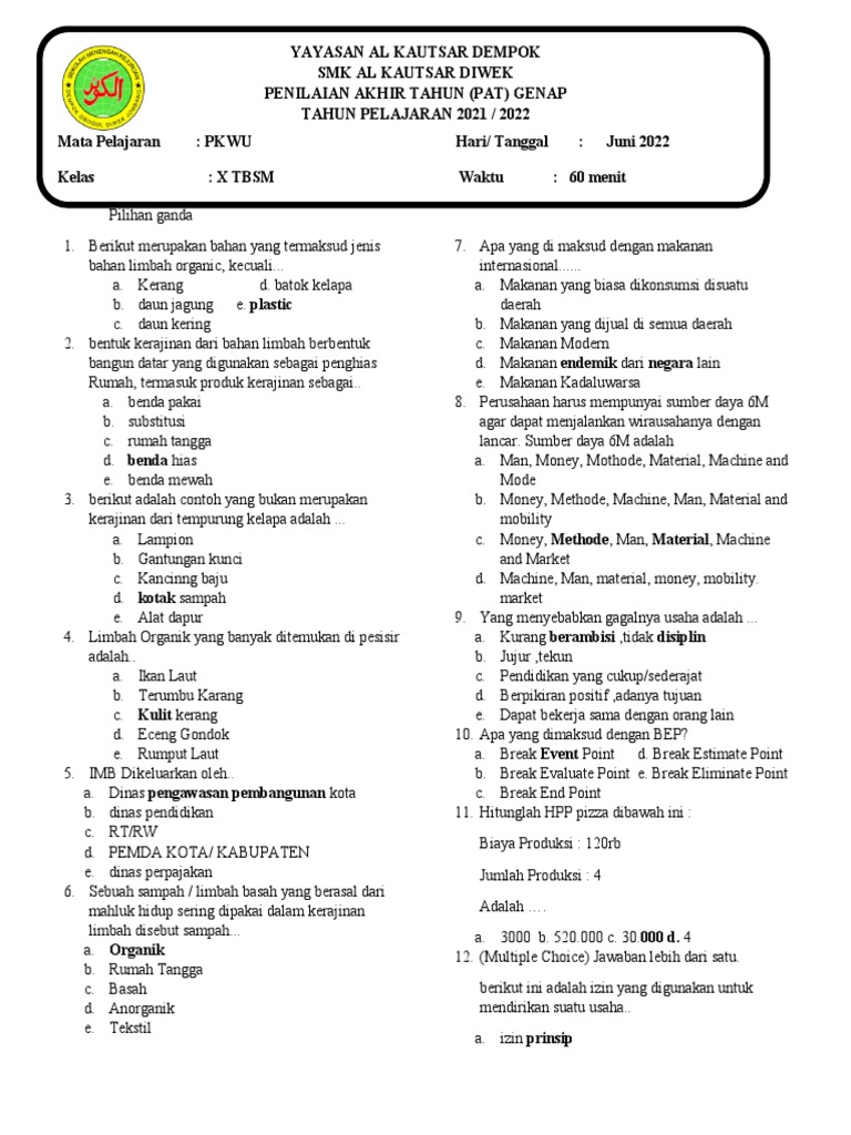 Soal Pkwu PAT 2023 | PDF