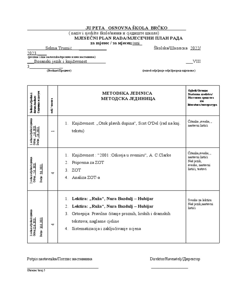 Mjesečni Mjesec Juni Osmi Razred | PDF