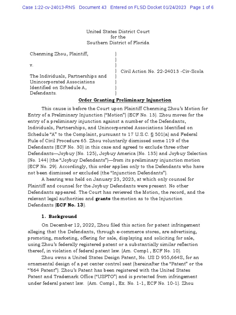Zhou v. Schedule A - Order Granting PI | PDF | Injunction | Judiciaries