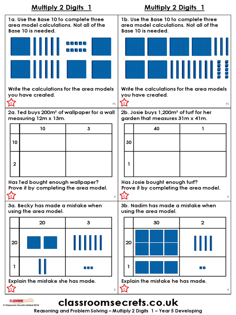 Year 5 Multiply by 2-Digits 1 Reasoning and Problem Solving- Area Model ...