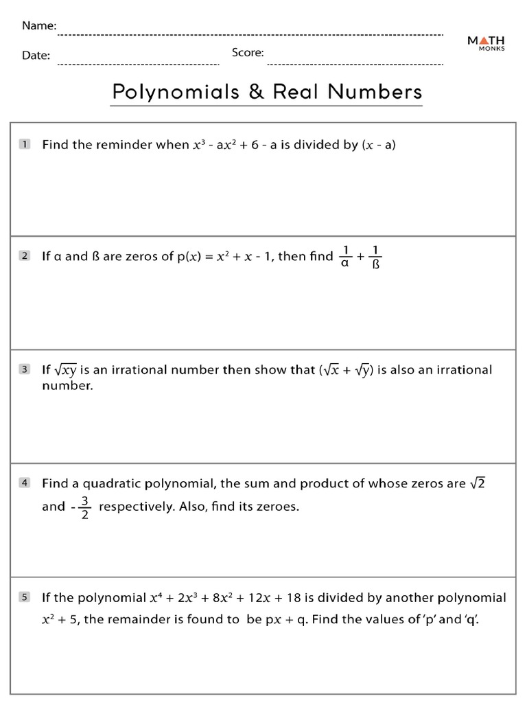 Real Numbers and Polynomials Worksheet | PDF