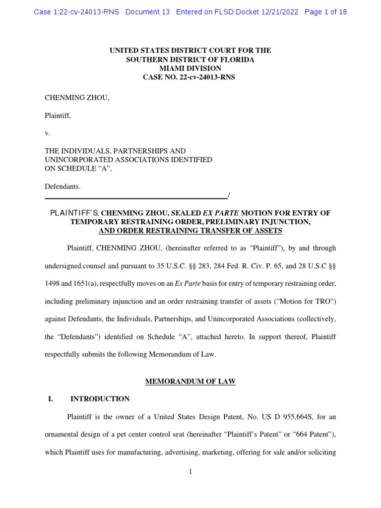 Patent Infringement TRO Motion | PDF | Injunction | Civil Law (Common Law)