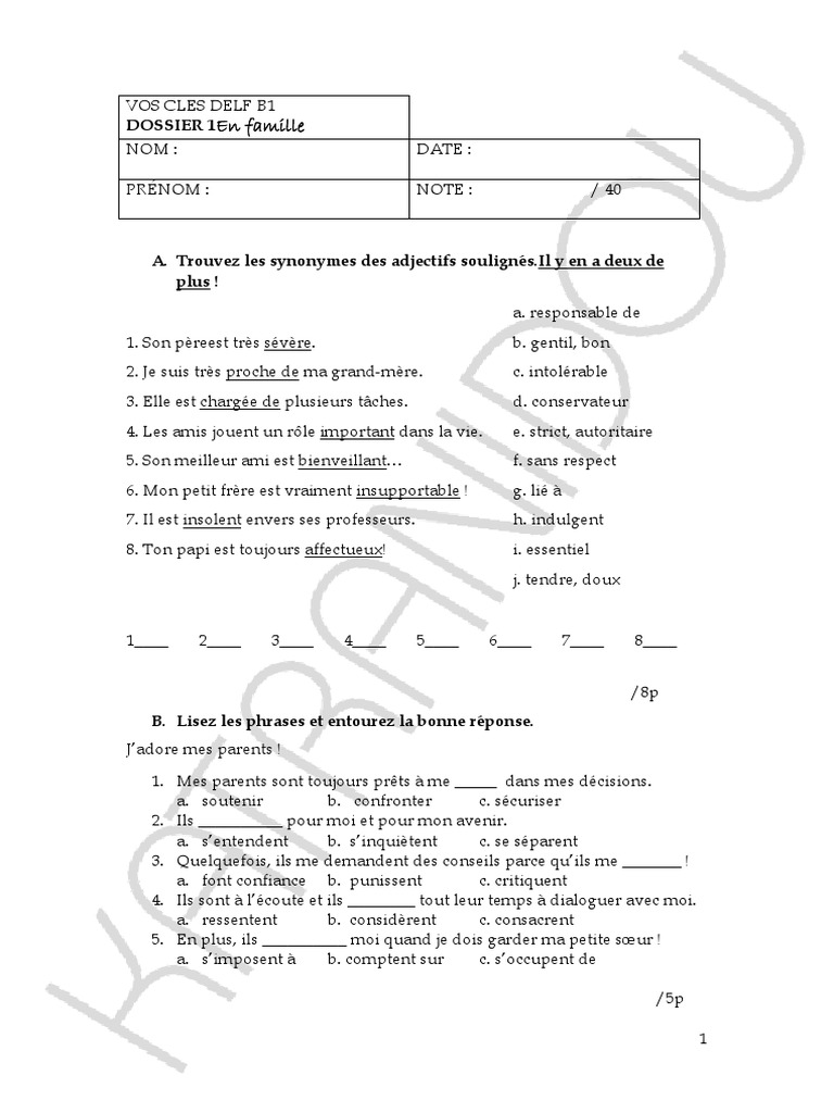 Delf B1 DOSSIER 1 Tests de Vocabulaire | PDF