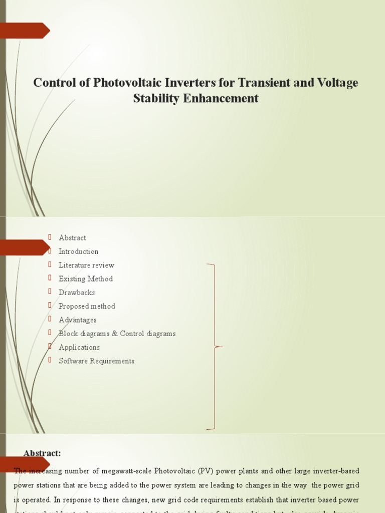 Control of Photovoltaic Inverters for Transient and Voltage Stability Enhancement | PDF | Power ...