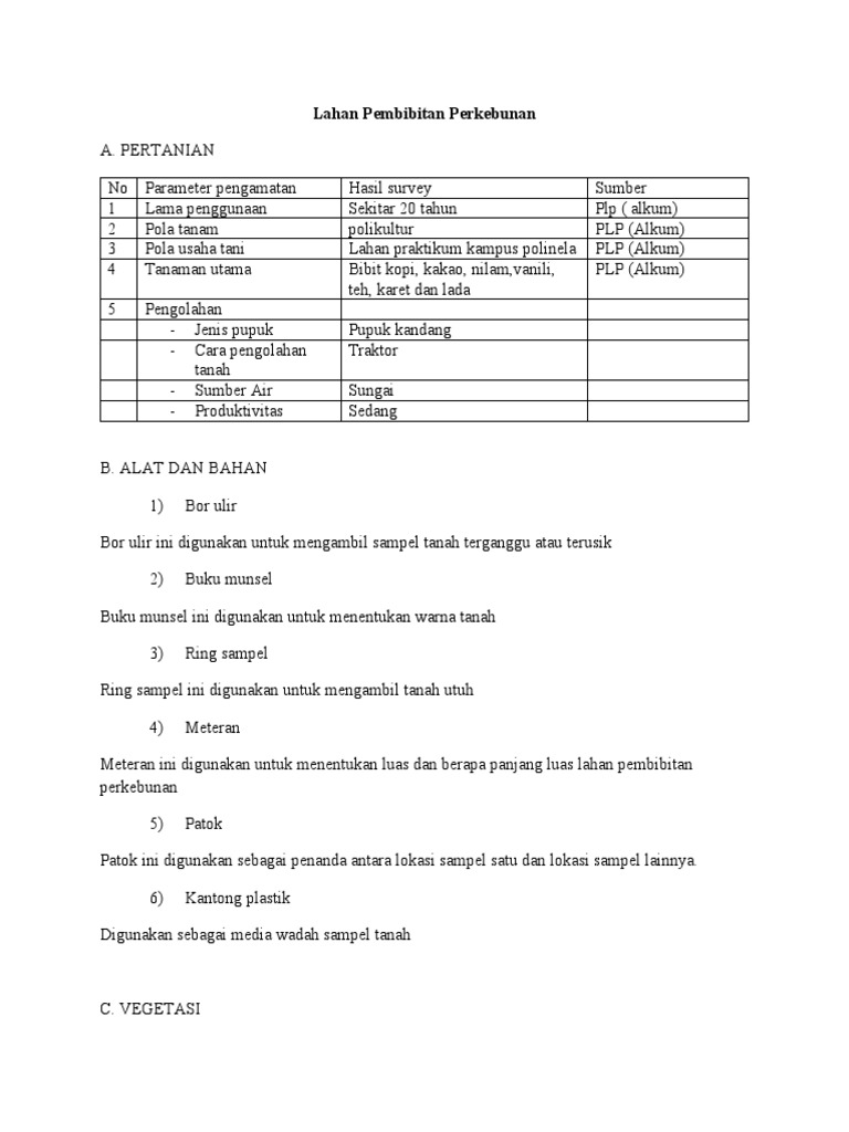 Tabel Survey Lahan Pembibitan Perkebunan | PDF