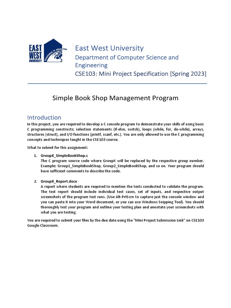 CSE103 Mini Project Specification Spring2023 | PDF | Computer Program ...