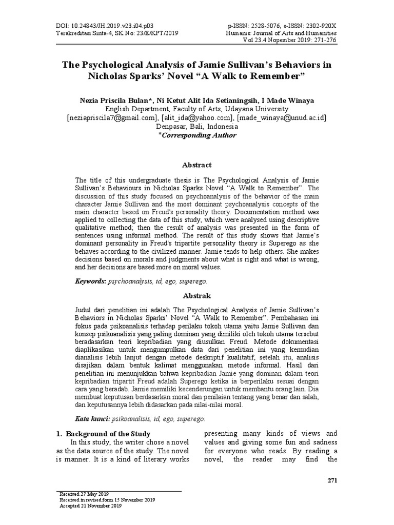 The Psychological Analysis of Jamie Sullivan's Behaviors in Nicholas ...