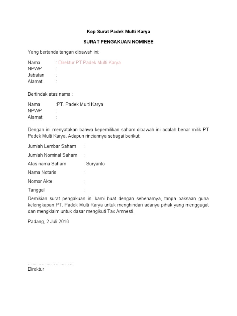 Contoh Surat Nominee Saham PT-1 | PDF