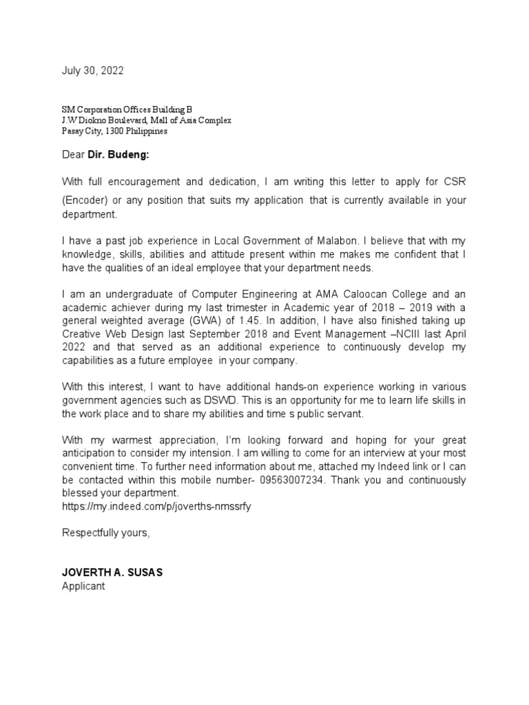 Job Application for CSR Position | PDF