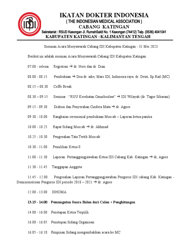 Rencana Susunan Acara Muscab IDI 31 Mei 2023 | PDF