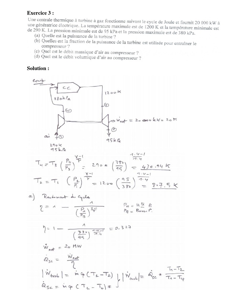 Exercice 3 Et 4 Turbines À Gaz | PDF