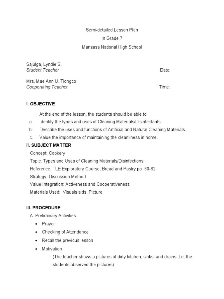 Grade 7 Lesson Plan: Cleaning & Storage | PDF | Lesson Plan | Disinfectant