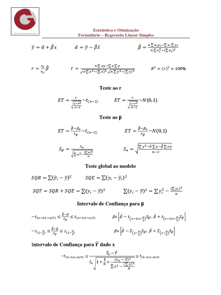 Formulário Regressão Linear Simples-ATUALIZADO | PDF | Econometria | Science