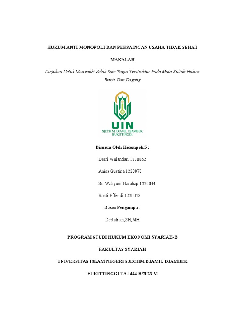 Makalah Hukum Anti Monopoli Dan Persaingan Usaha Tidak Sehat | PDF