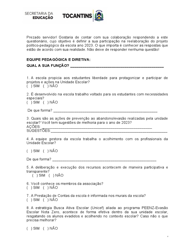 Questionário de Escuta | PDF | Pedagogia | Escolas
