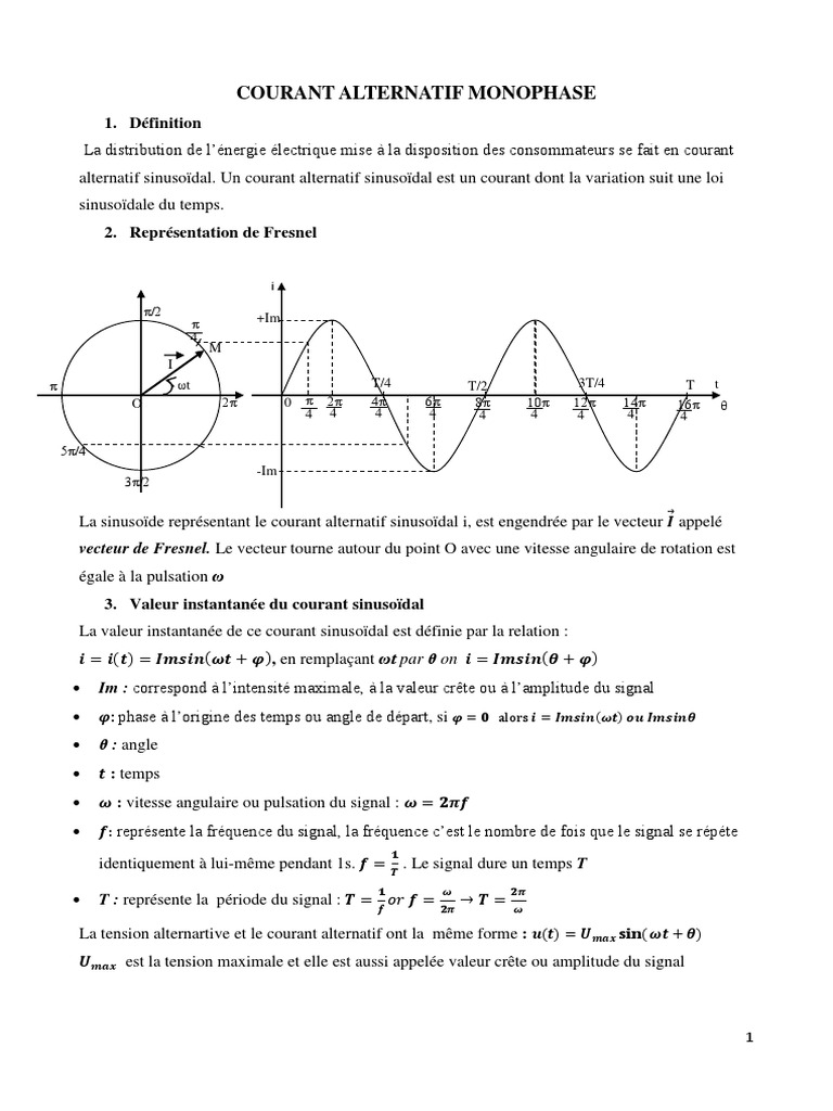 Cours sur le Courant Alternatif Monophasé | PDF | Courant alternatif ...