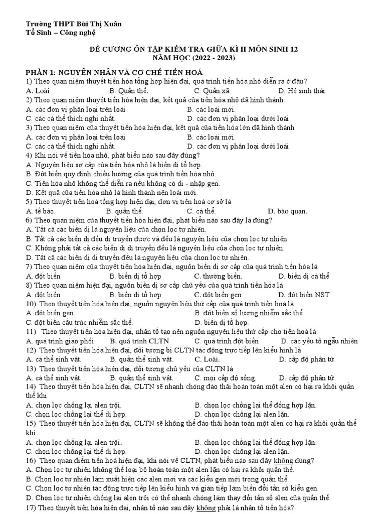 Decuong - Khoi12 - Môn Sinh Gi A HKII | PDF