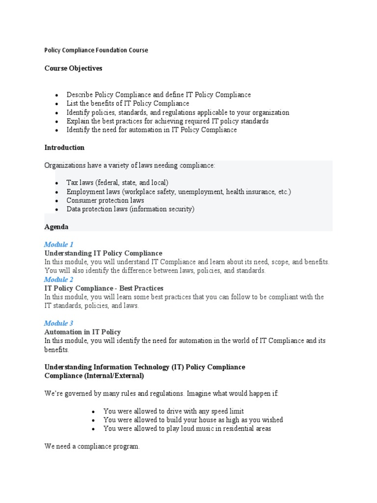 Policy Compliance Foundation Course | PDF | Regulatory Compliance | Audit Policy Compliance Foundation Course | PDF | Regulatory Compliance | Audit