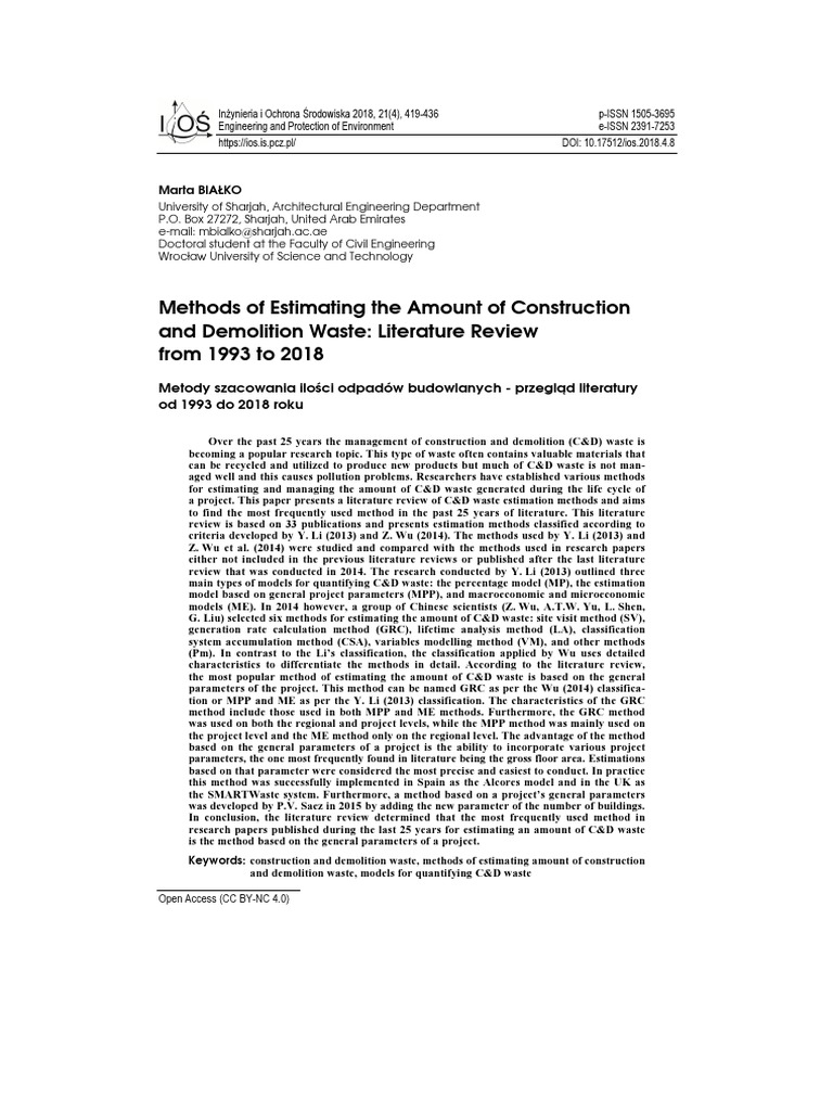 Methods of Estimating The Amount of Construction and Demolition Waste: Literature Review From ...