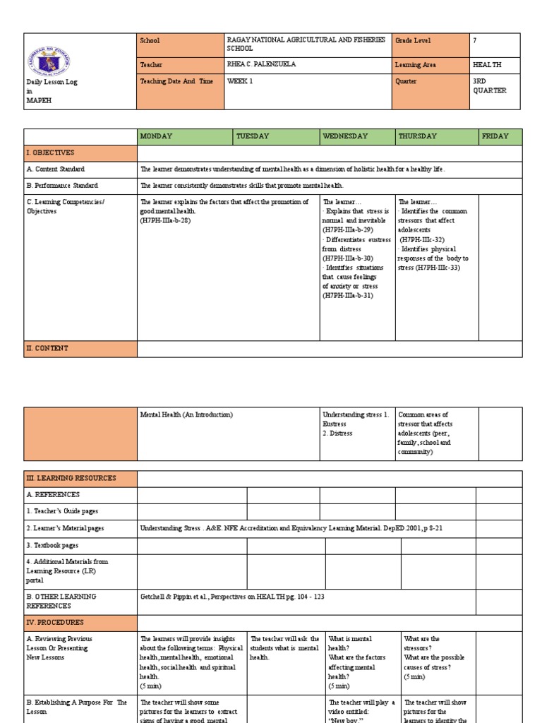 Grade 7 MAPEH Mental Health Lesson Plan | PDF