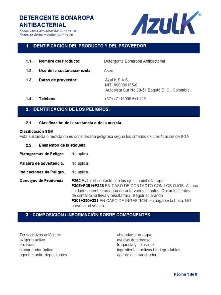 FDS Detergente Bonaropa Antibacterial | PDF | Agua | Detergente