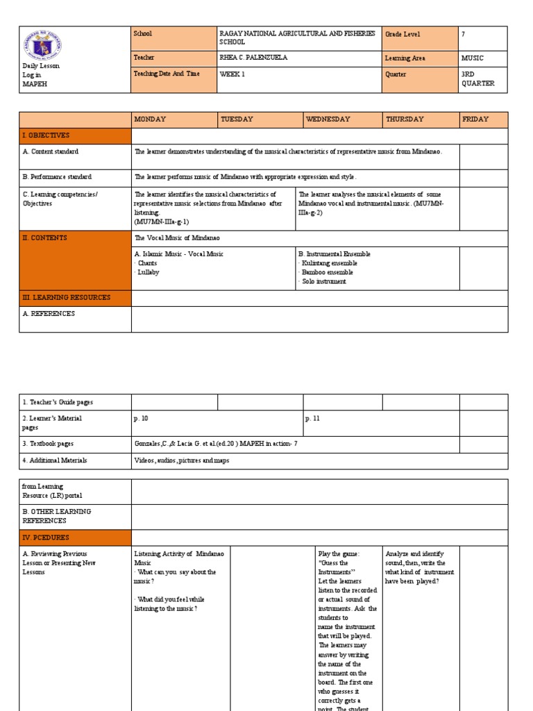 DLL MAPEH7 - 3rd Quarter | PDF | Learning | Teachers