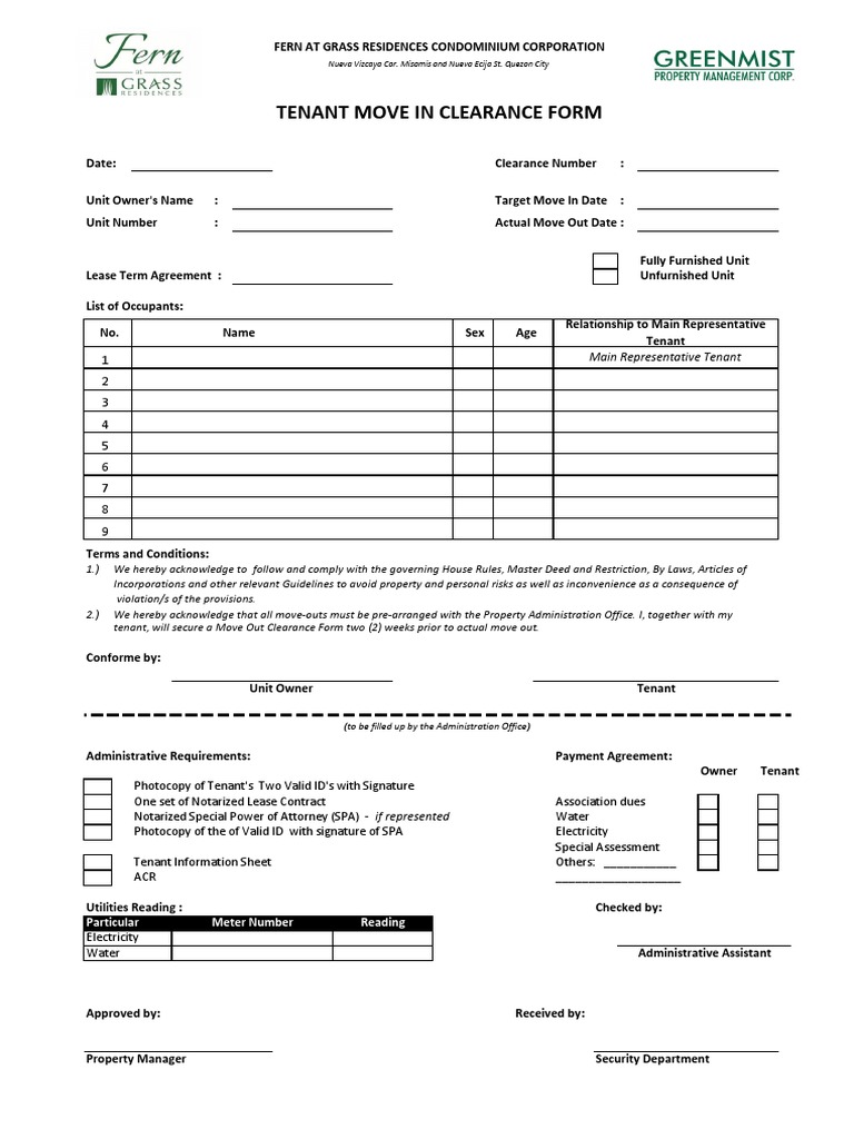 Tenant Move-In Clearance Form | PDF | Leasehold Estate | Lease