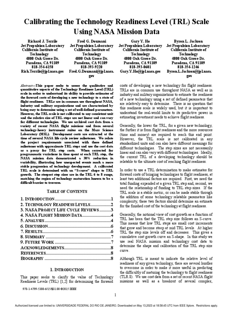 Calibrating The Technology Readiness Level (TRL) Scale Using NASA Mission Data | PDF | Nasa ...