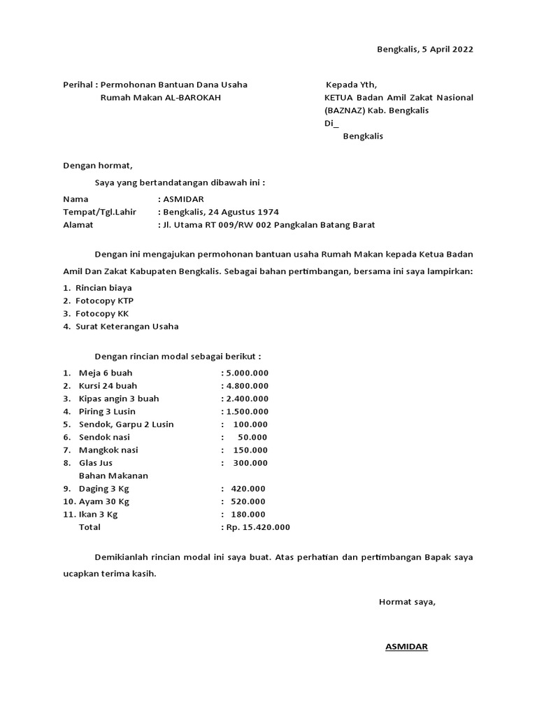 Surat - Permohonan - Bantuan - Modal - Usaha Bu As | PDF