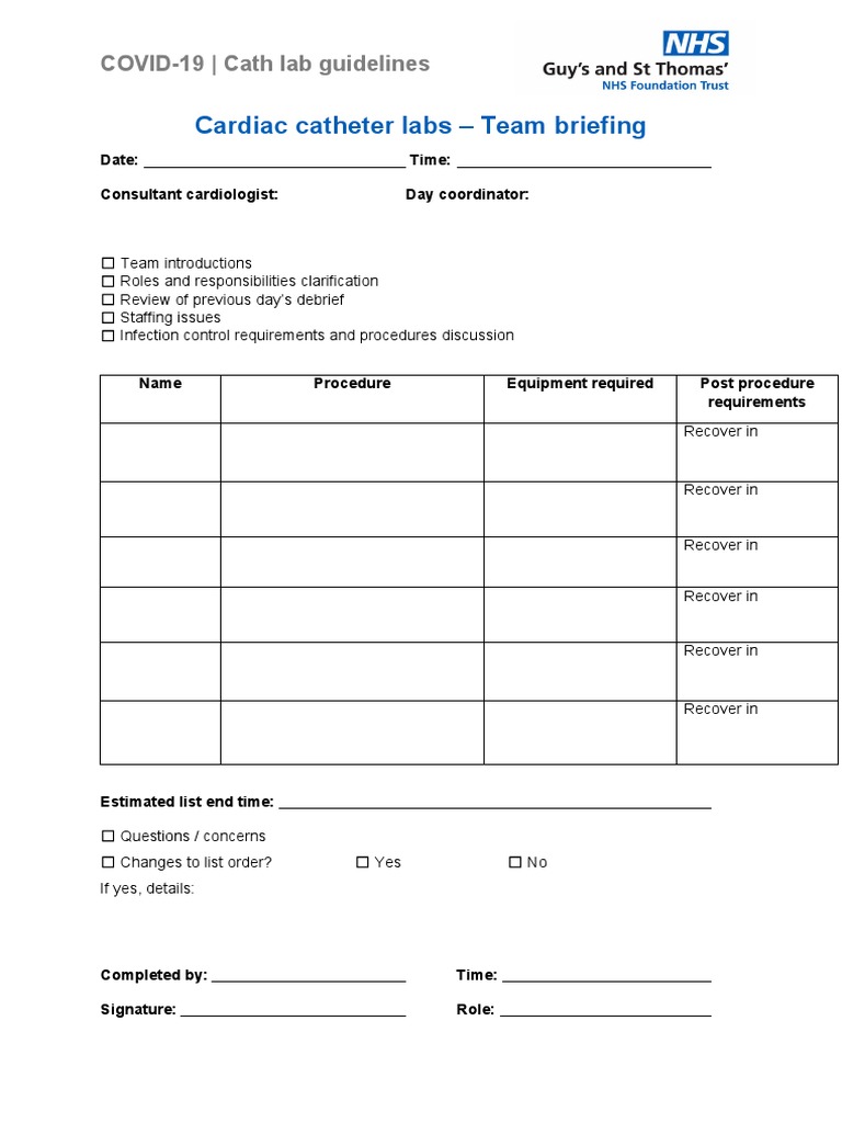 Cath Labs Sop Team Brief | PDF