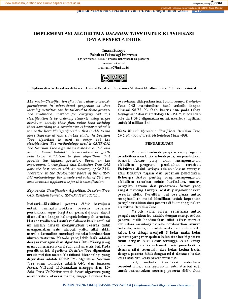 Implementasi Algoritma Decision Tree Untuk Klasifikasi Data Peserta Didik | PDF