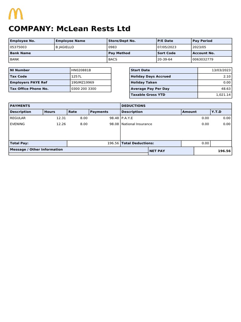 Employee Pay Summary for B Jagiello | PDF