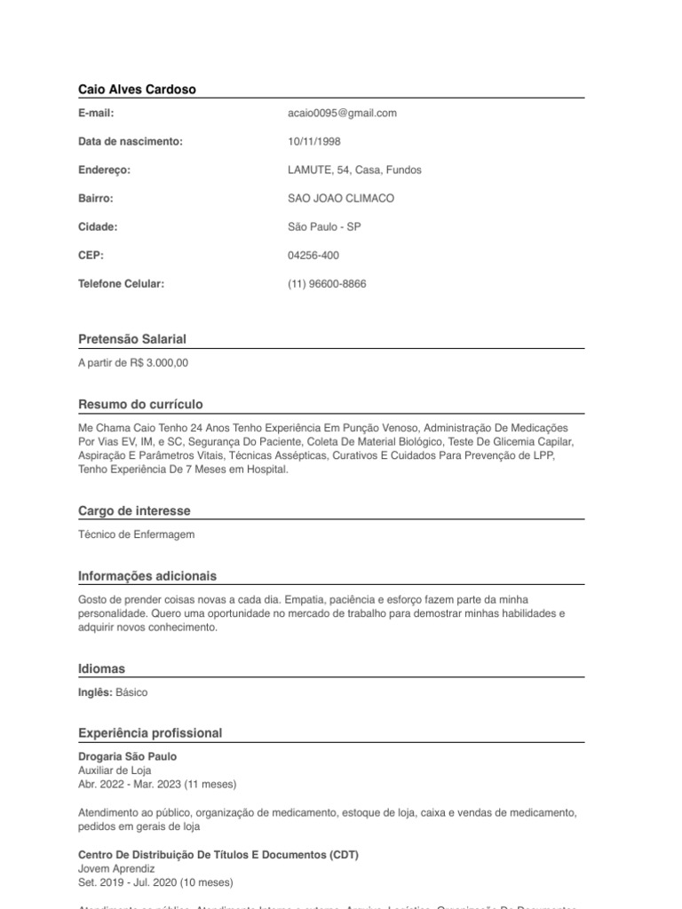 Curriculo Caio Alves Cardoso | PDF | Carreira e Crescimento | Estilo de vida
