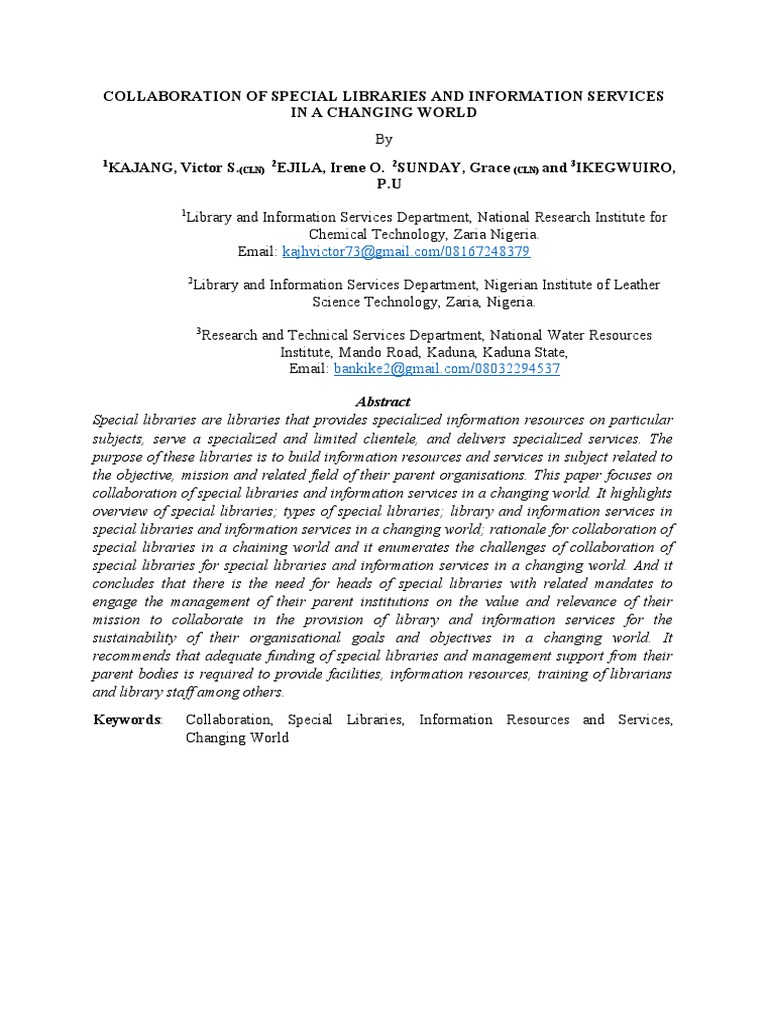Collaboration of Special Libraries and Information Services in A ...