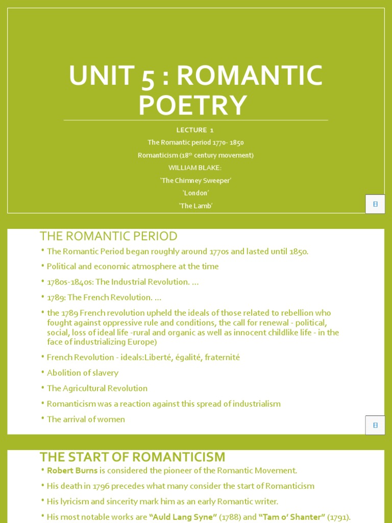 ENGL1514 UNIT 5 ROMANTIC POETRY LECTURE 1 and William Blake Background ...