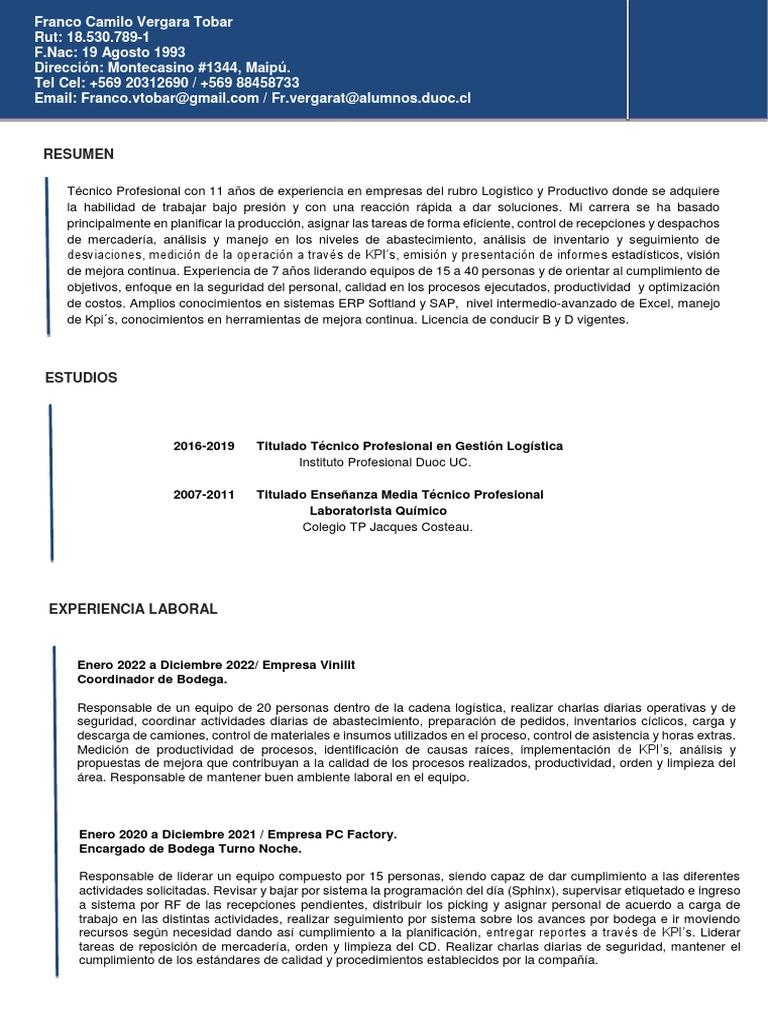 CV Franco Vergara | PDF | Logística | Business
